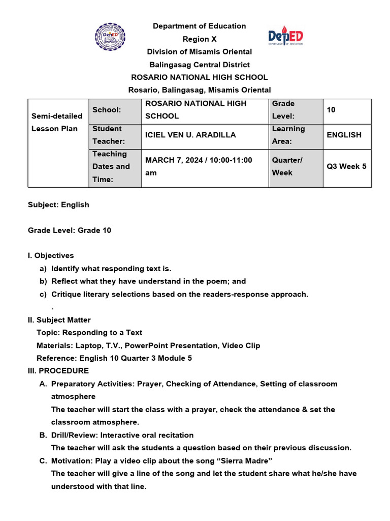 LP - English 10 Module 5 Lesson 2 | PDF | Teachers | Lesson Plan