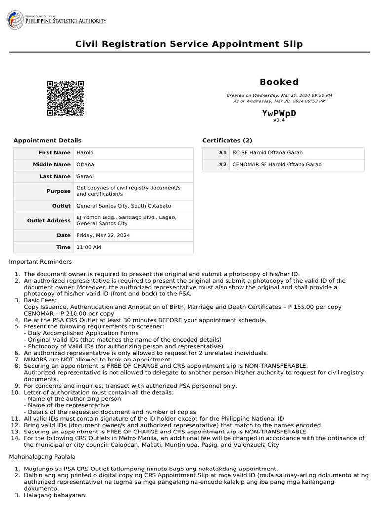 Civil Registration Service Appointment Slip | PDF