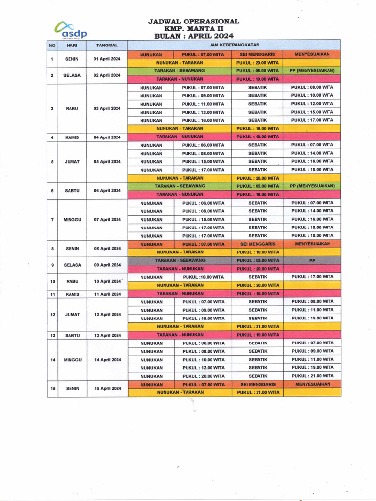Jadwal Operasional. Kmp. Manta Ii. April 2024 | PDF