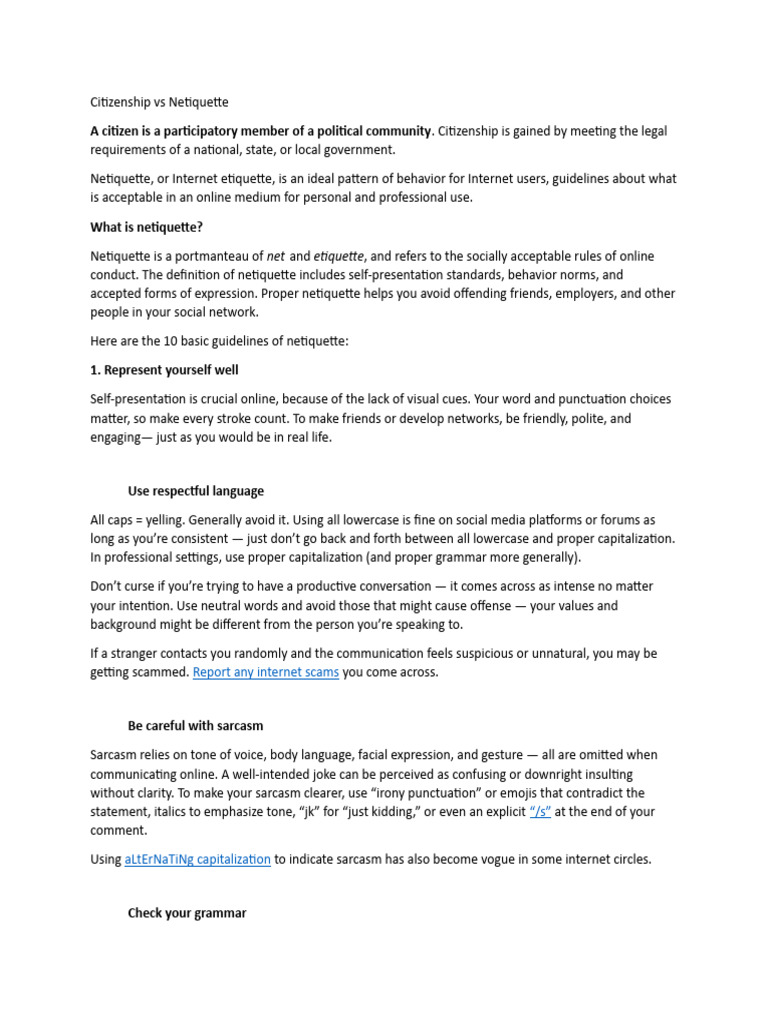Understanding Citizenship and Netiquette | PDF | Human Communication ...