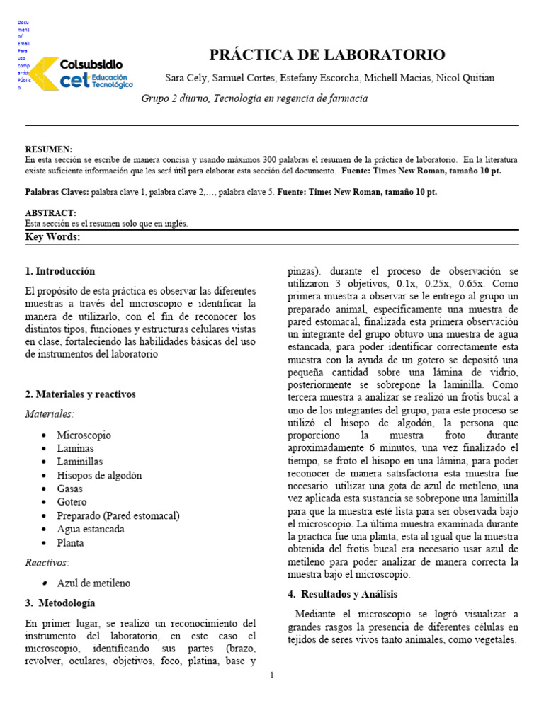 Informe de Laboratorio 1 | PDF | Laboratorios | Biología Celular)