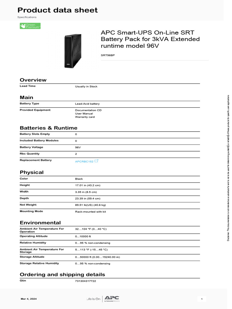 APC SmartUPS-Battery-Systems SRT96BP | PDF | Technology & Engineering