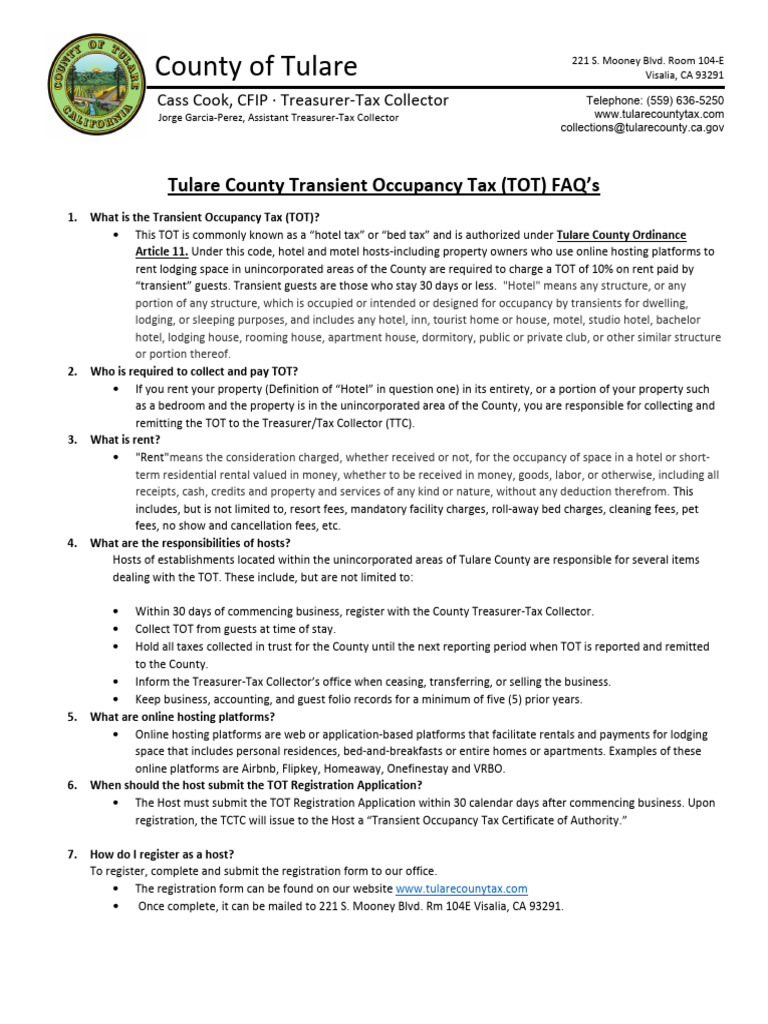 Tulare County Transient Occupany Tax FAQ Sheet | PDF | Hotel | Taxes