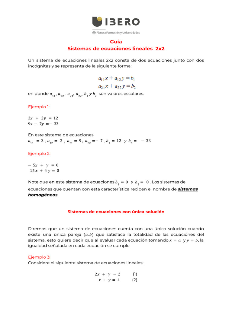 Guia Sistemas de Ecuaciones Lineales 2x2 | PDF | Ecuaciones | Sistema de ecuaciones lineales