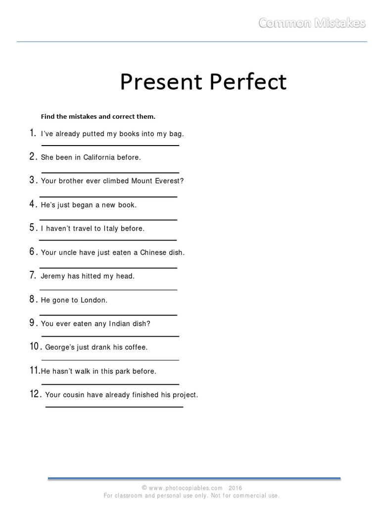 Present Perfect Common Errors Pdf