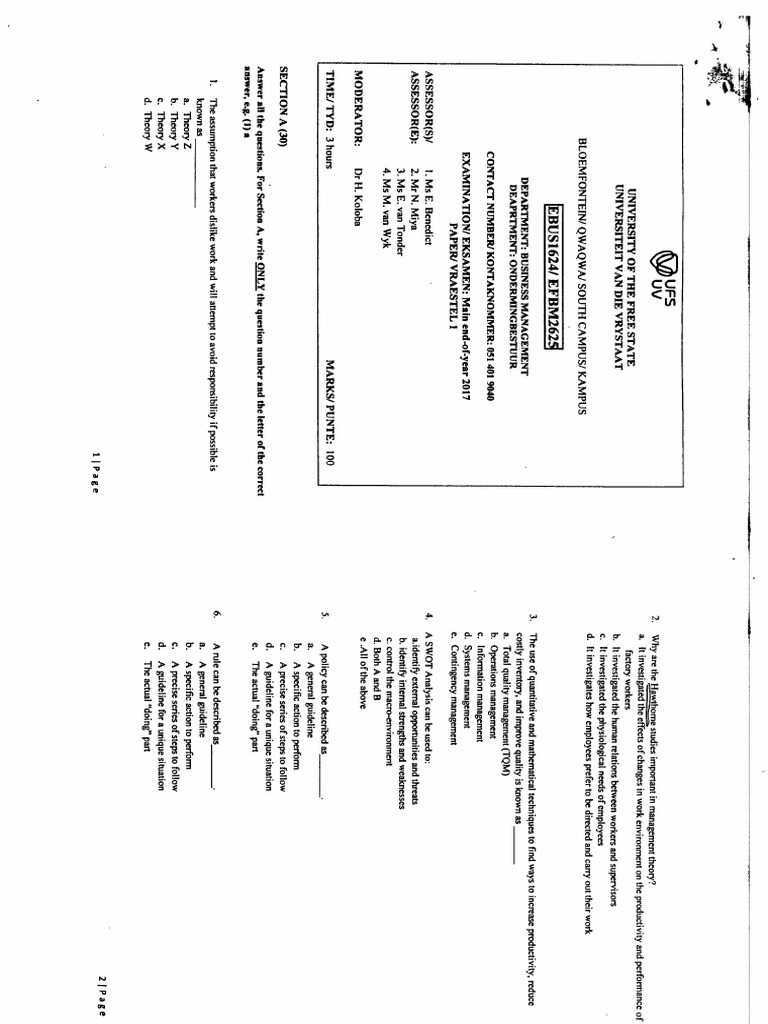 EBUS 1624 Exam Paper 1 2017 | PDF