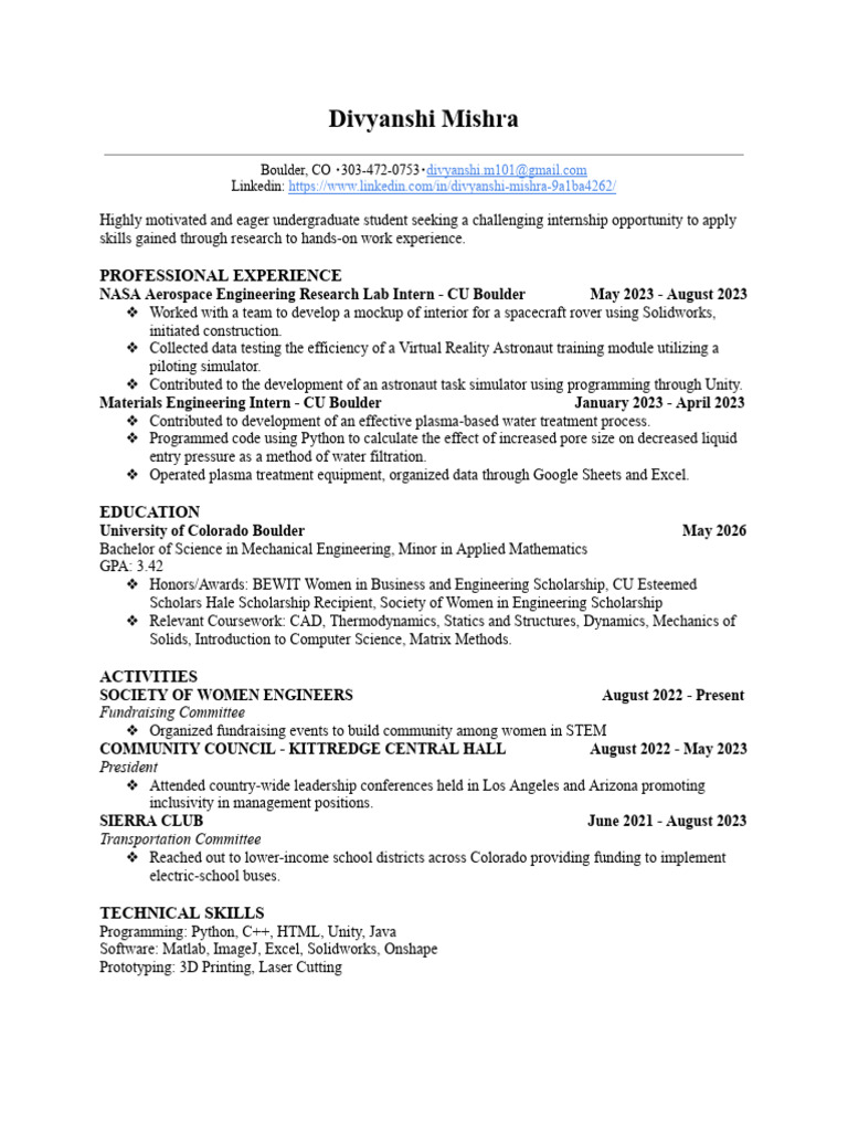 Divyanshi Mishra Resume | Download Free PDF | Engineering