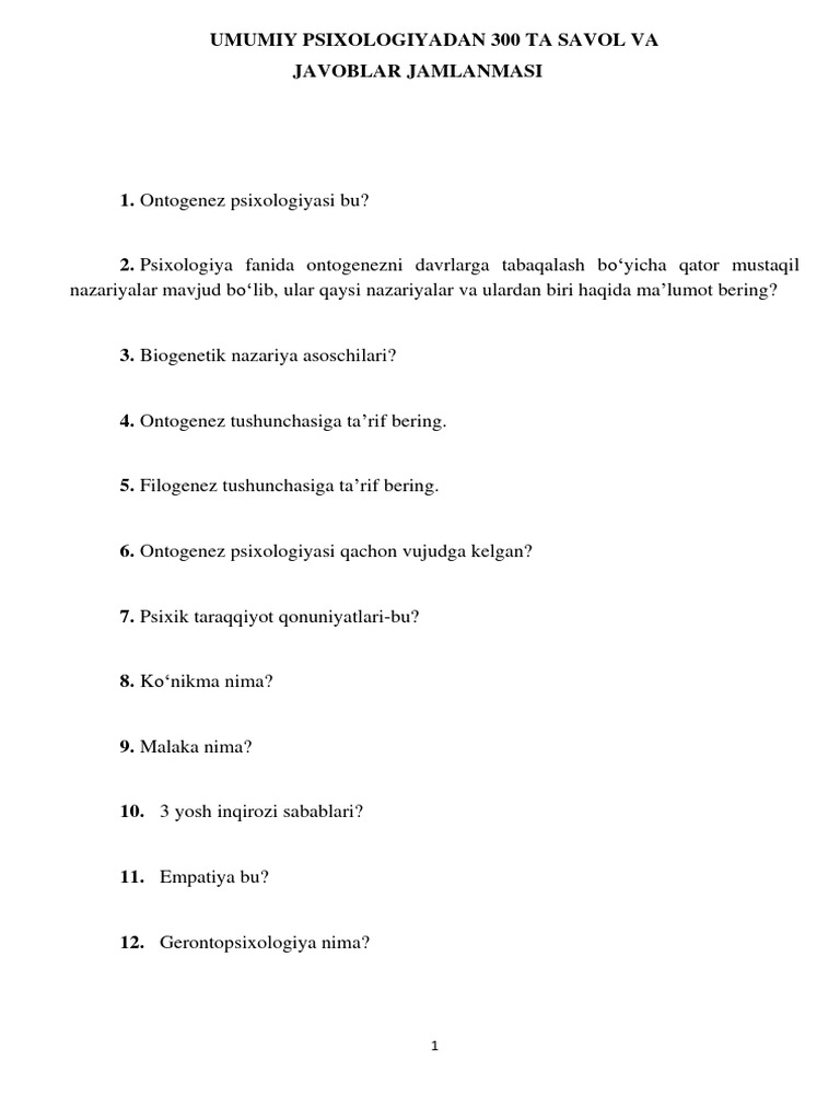01.PSIXOLOGIYA 300 Ta Savol Va Javob 2 xuQetcH | PDF