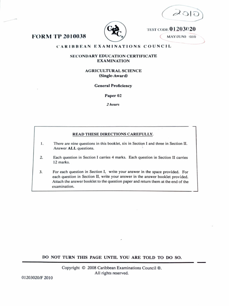 2010 - CSEC - Paper 2 - Agri Sci - Answers | PDF