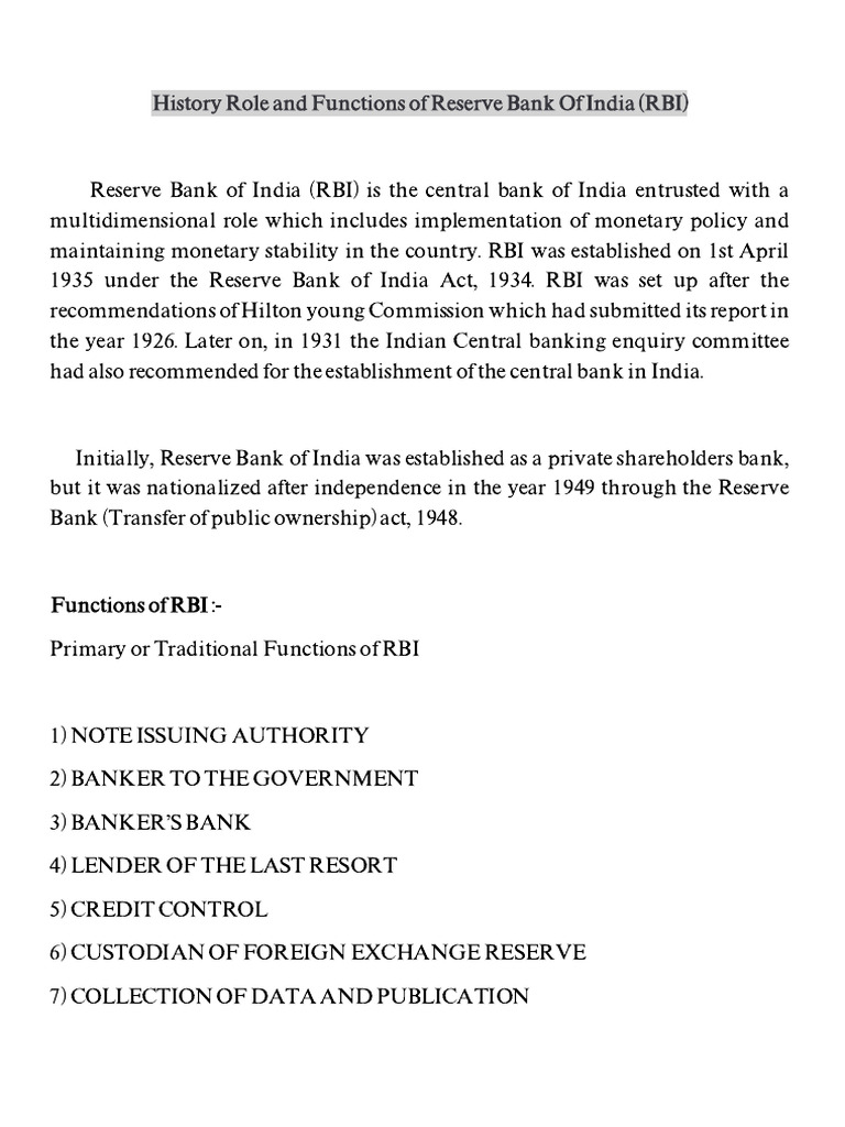 RBI - VI sem B&F all functions | PDF | Reserve Bank Of India | Money Market