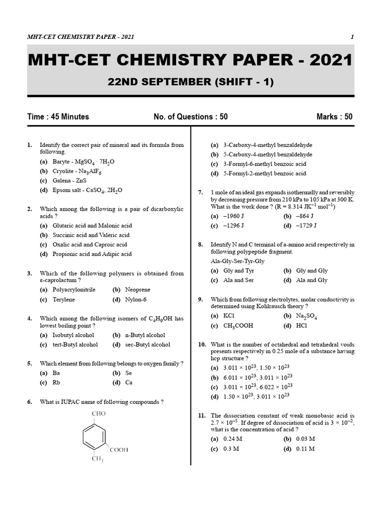 Marvel MHT-CET Chemistry Paper 2021-September 22 | PDF | Chemical ...