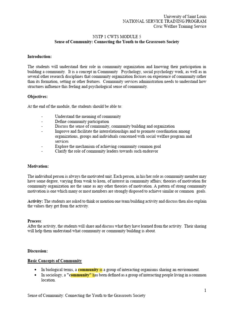NSTP 1 - CWTS MODULE 5 | PDF | Community | Social Psychology