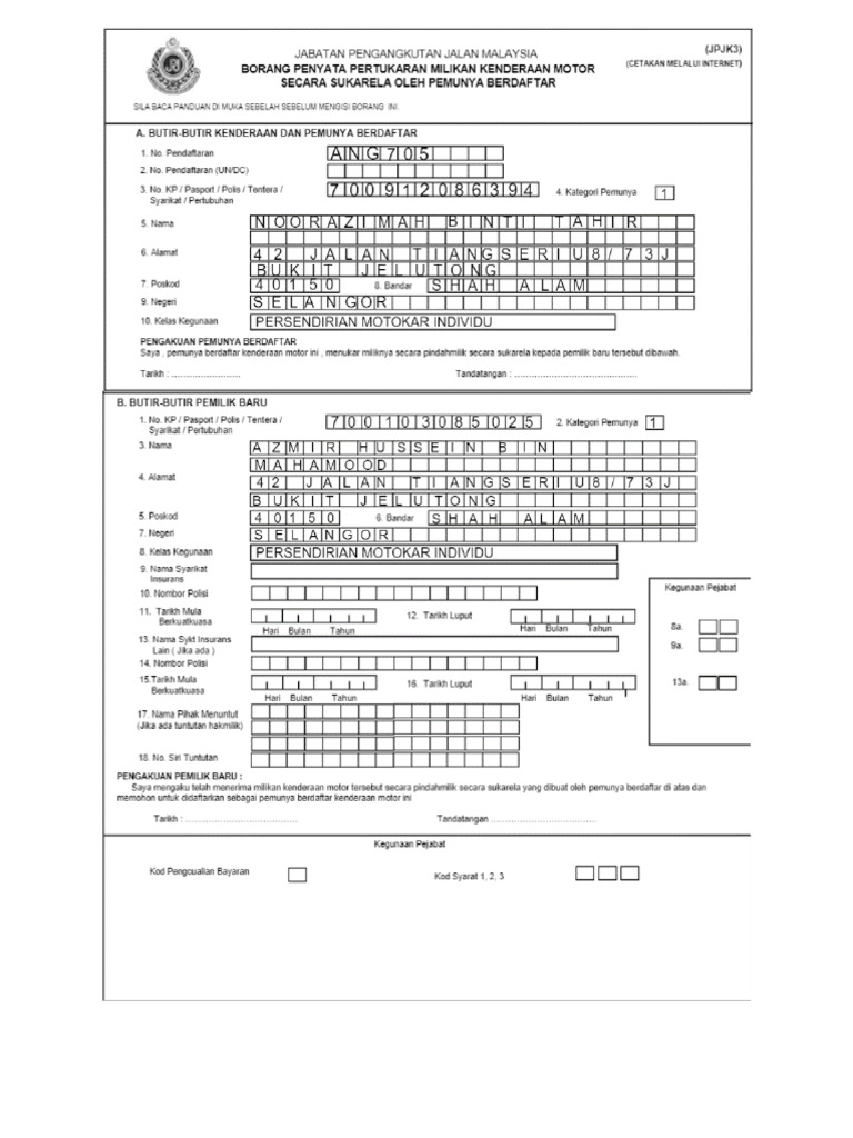 JPJ K3A) Borang Penyata Pertukaran Milikan Kenderaan Motor Selain Daripada PindahMilik Secara ...