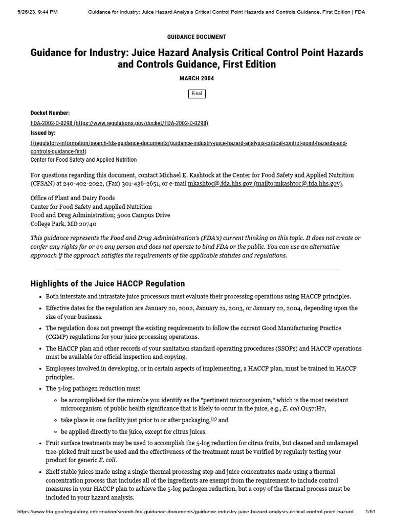 Guidance For Industry - Juice Hazard Analysis Critical Control Point Hazards and Controls ...