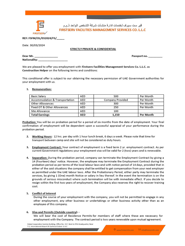 Offer Letter Construction Helper PDF | PDF | Employment | Labour Law