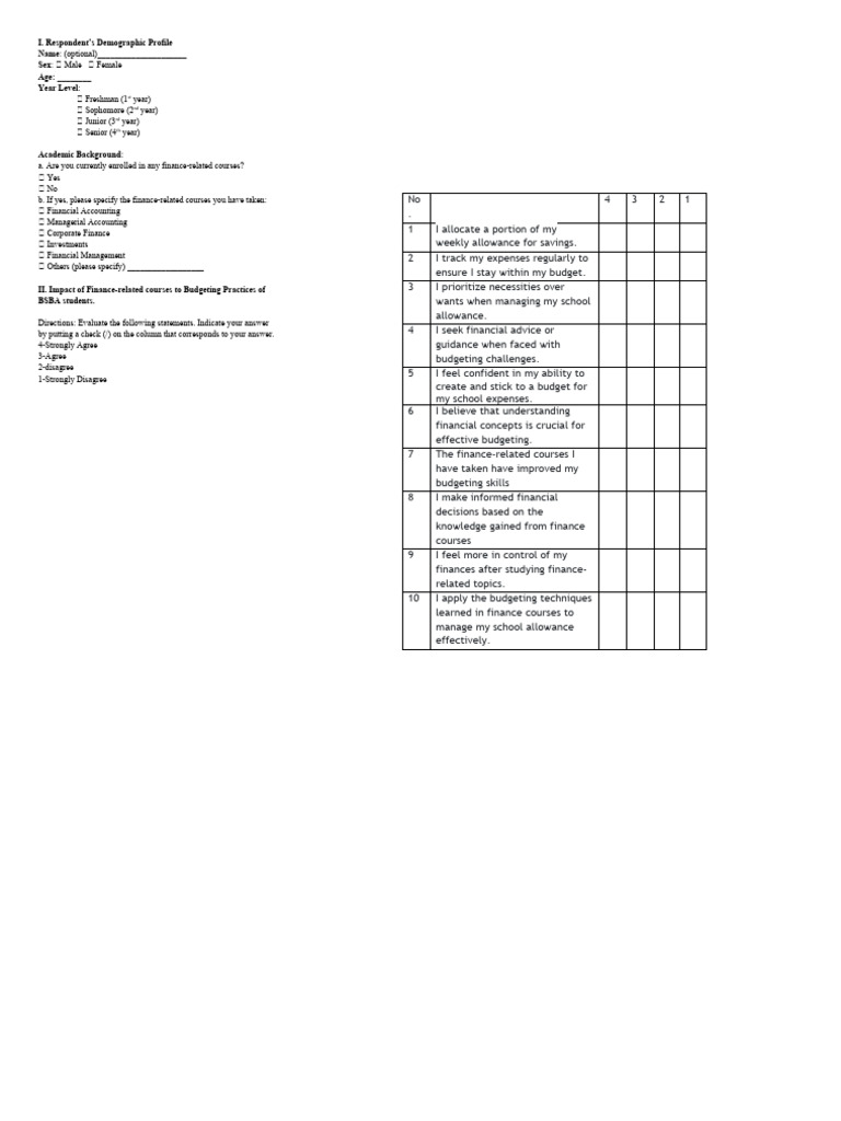 survey questionnaire | PDF | Expense | Budget