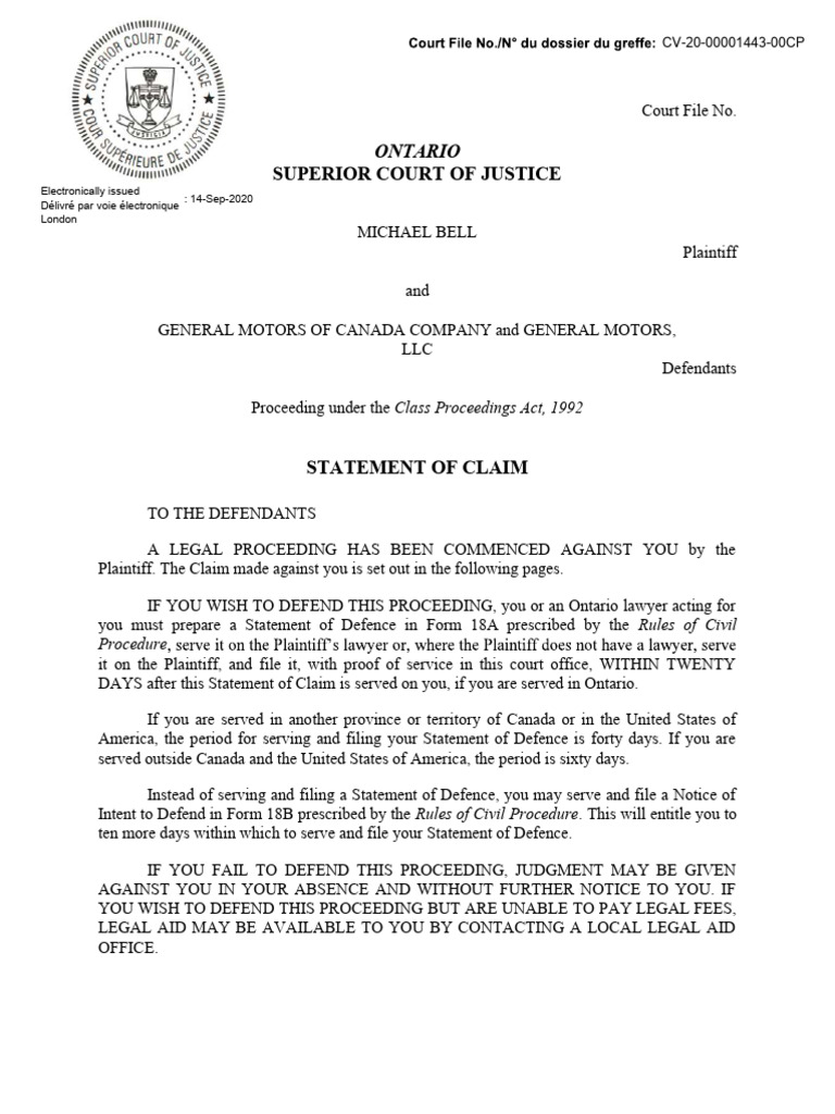 Issued Statement of Claim 2020 09 14 GMC Chevrolet Oil 1 | PDF ...