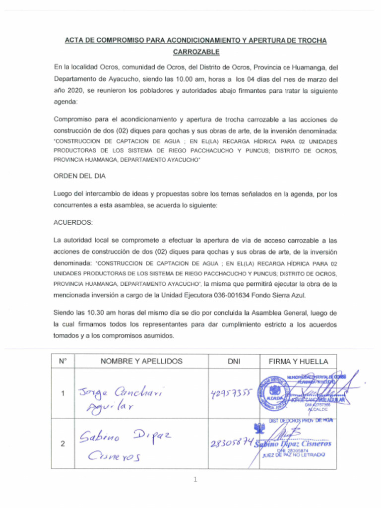 Acta de Compromiso Trocha Ocros | PDF