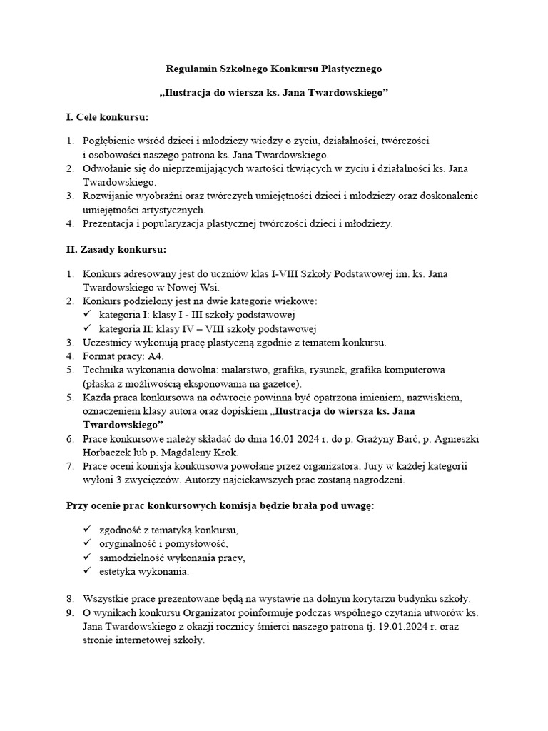 Regulamin Szkolnego Konkursu Plastycznego | PDF Regulamin Szkolnego Konkursu Plastycznego | PDF