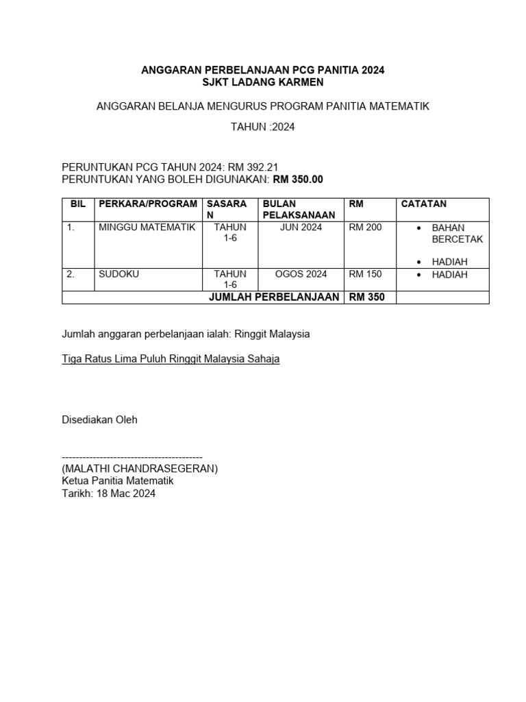 Anggaran Perbelanjaan PCG Panitia MT-RBT 2024 | PDF