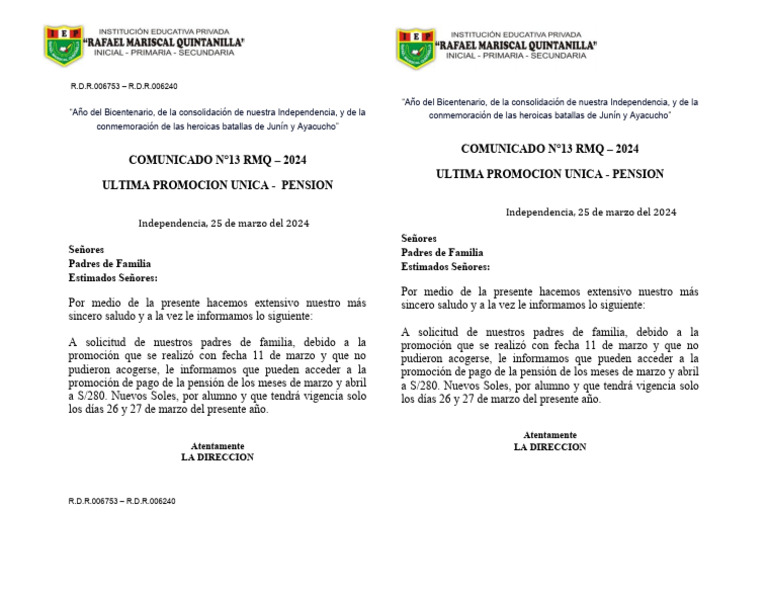 COMUNICADO 13-2024-RMQ (1) PROMOCION | PDF
