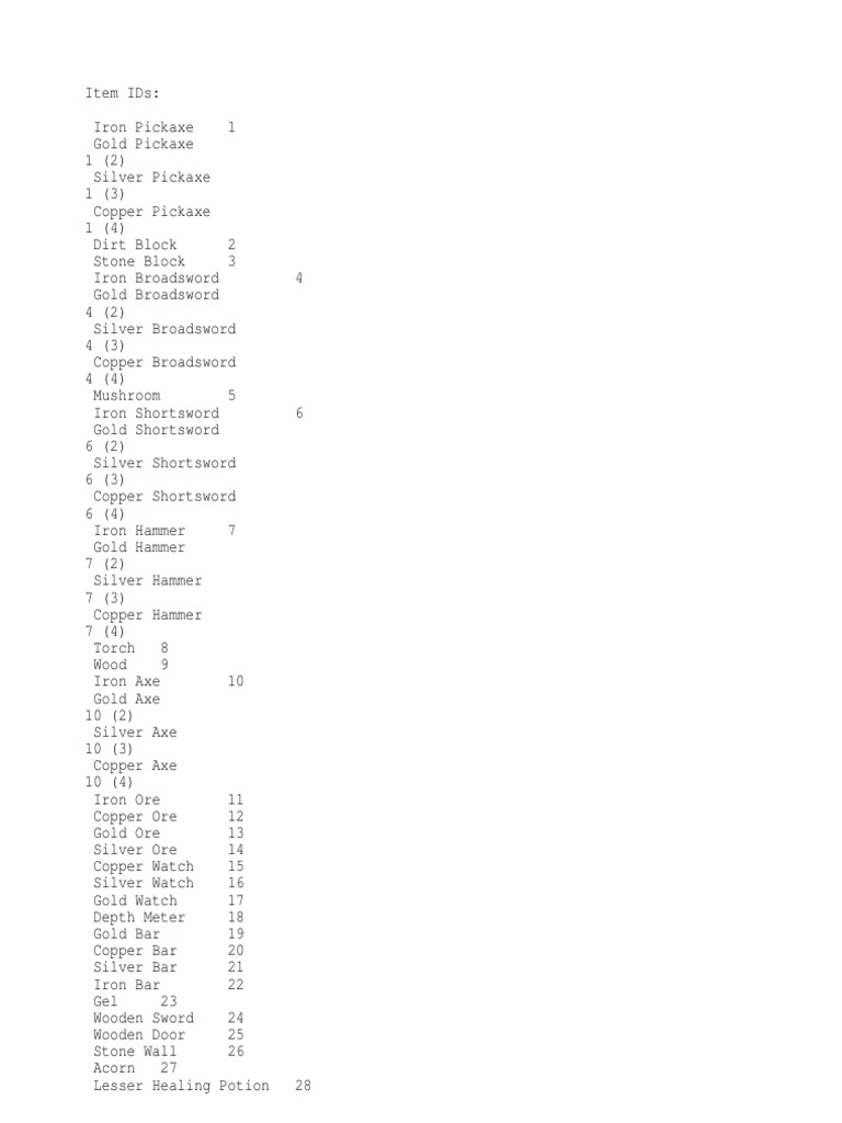 Terraria Item ID List | PDF | Silver | Nature