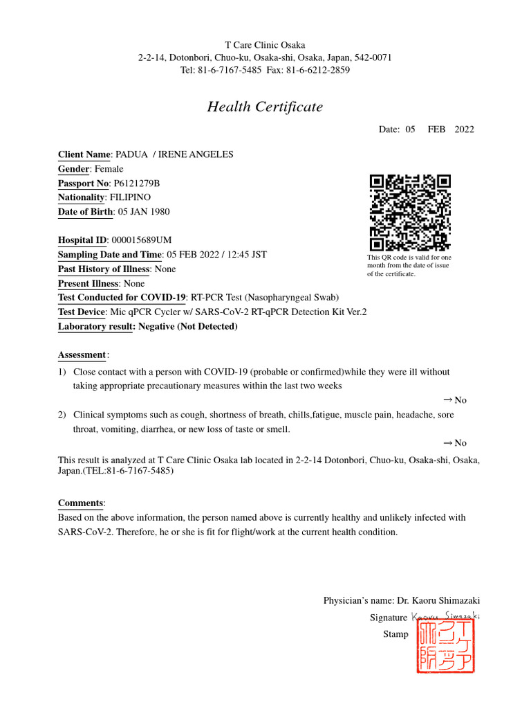 COVID-19 Negative Health Certificate | PDF