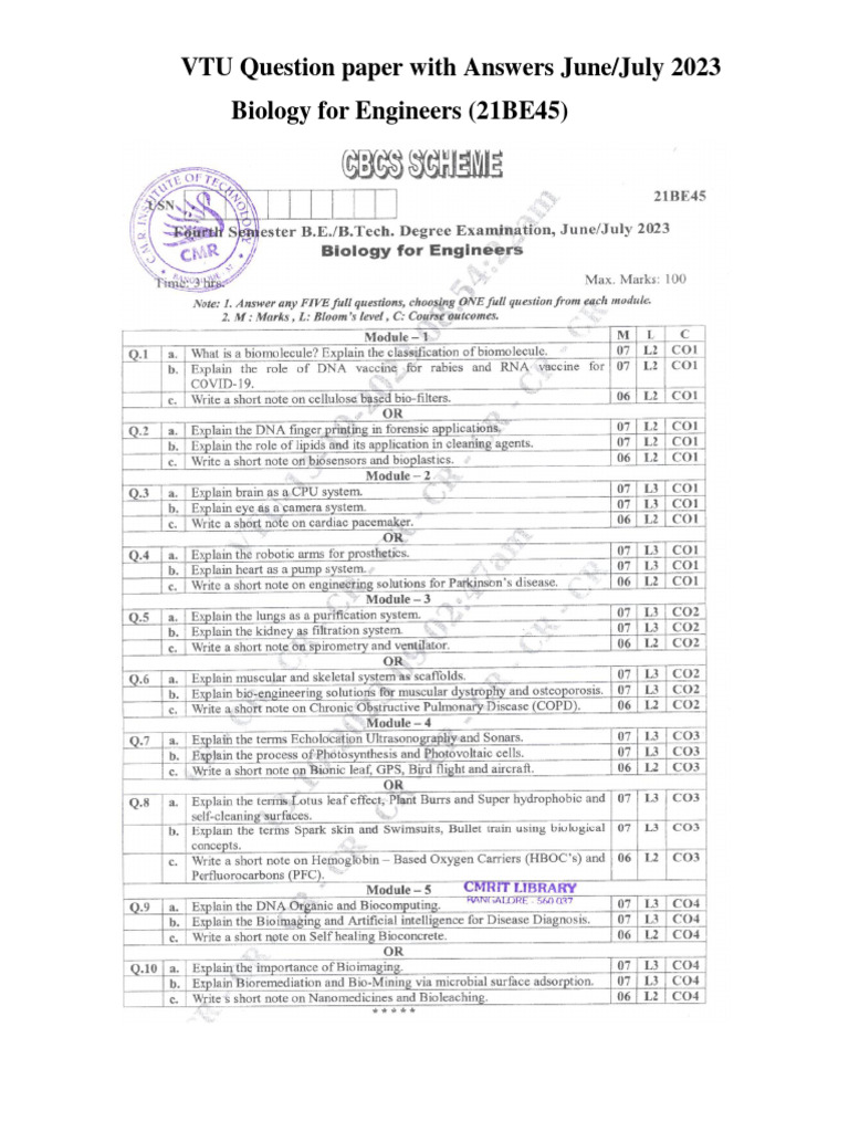 VTU Exam Question Paper With Solution of 21BE45 Biology For Engineers ...