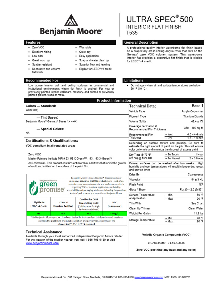 FICHA TECNICA DE ULTRA SPEC T535 Benjamin Moore | PDF | Paint | Acrylic ...