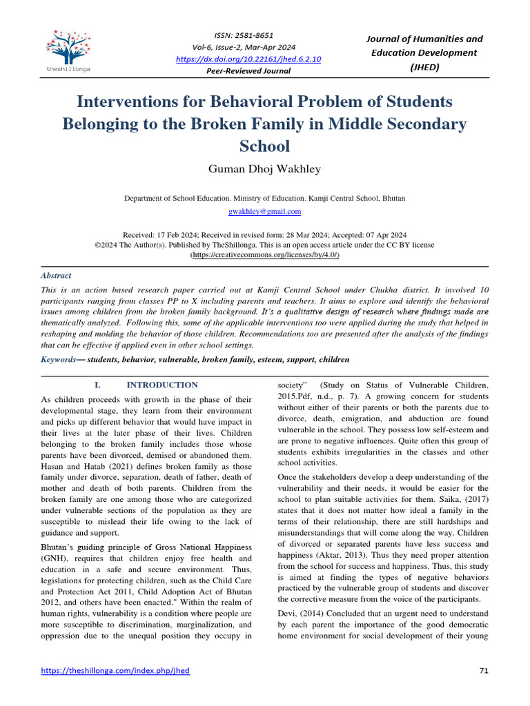 Interventions For Behavioral Problem of Students Belonging To The ...