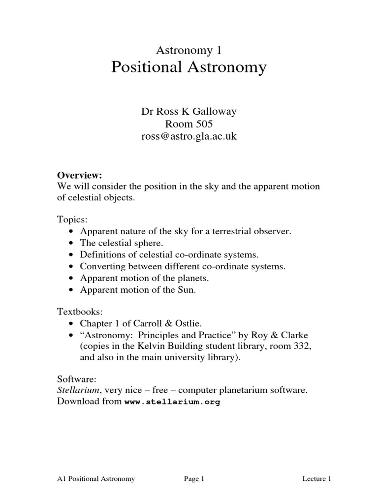 Positional Astronomy by Glasgow | PDF | Latitude | Angle
