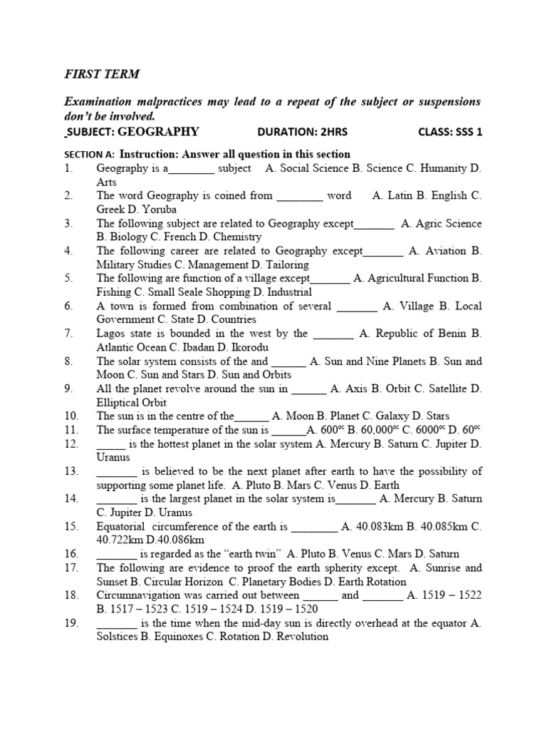 SS1 Geography Exam 2023 Now Send | PDF | Equator | Planets