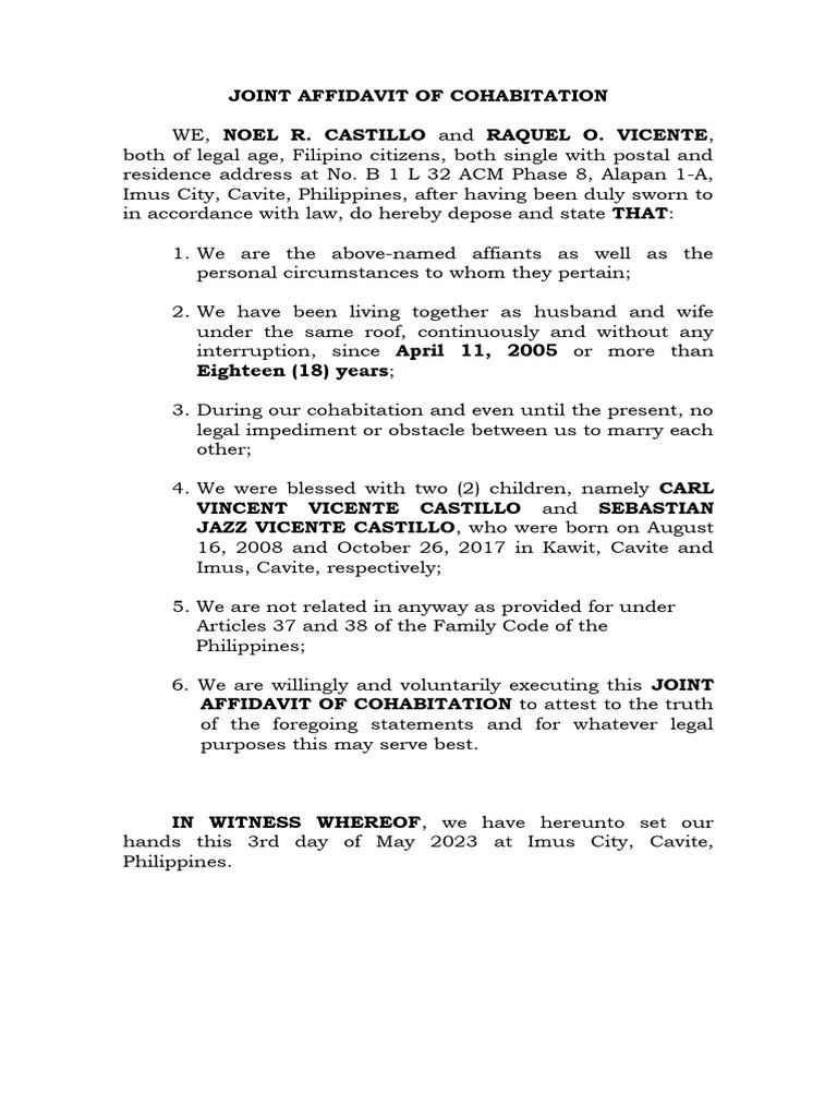 Affidavit of Cohabitation John Lawrence Miranda Gonzales | PDF