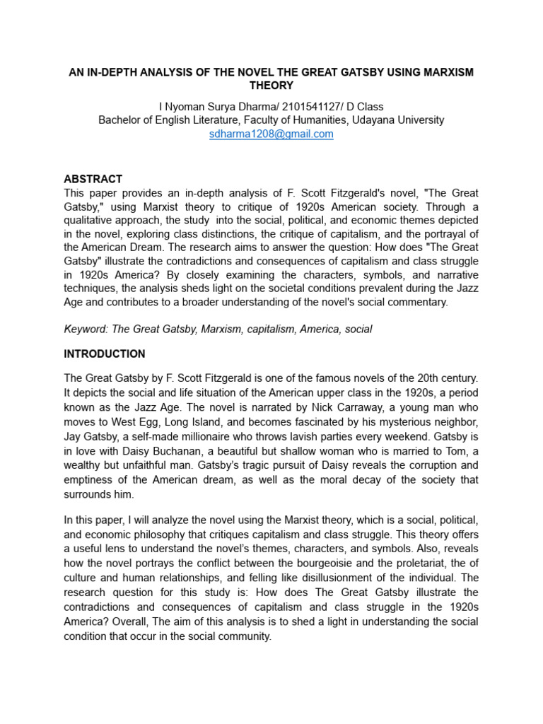 Marxist Analysis of The Great Gatsby | PDF | The Great Gatsby | Marxism
