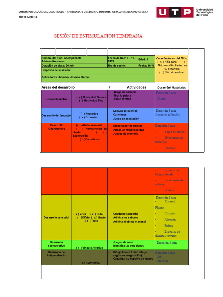 FORMATO DE SESION DE ESTIMULACIÓN TEMPRANA- matriz | PDF | Neurociencia | Cognición