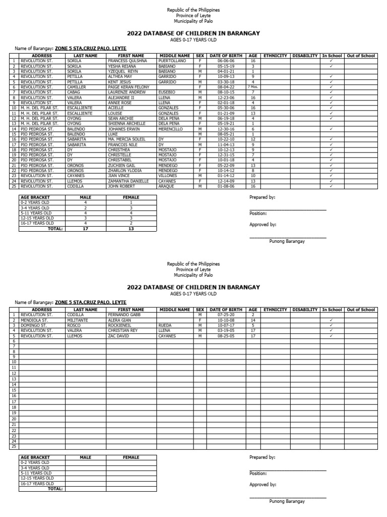 Database of Children in Barangay | PDF