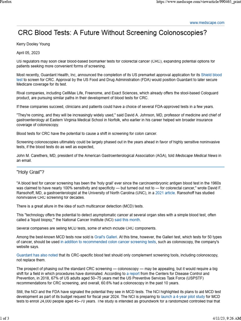 BloodTest4 CRC 990465 - Print | PDF | Colonoscopy | Colorectal Cancer
