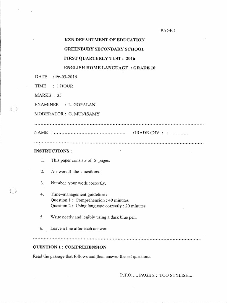 ENG March QP & Memo 2016 Gr10 | PDF