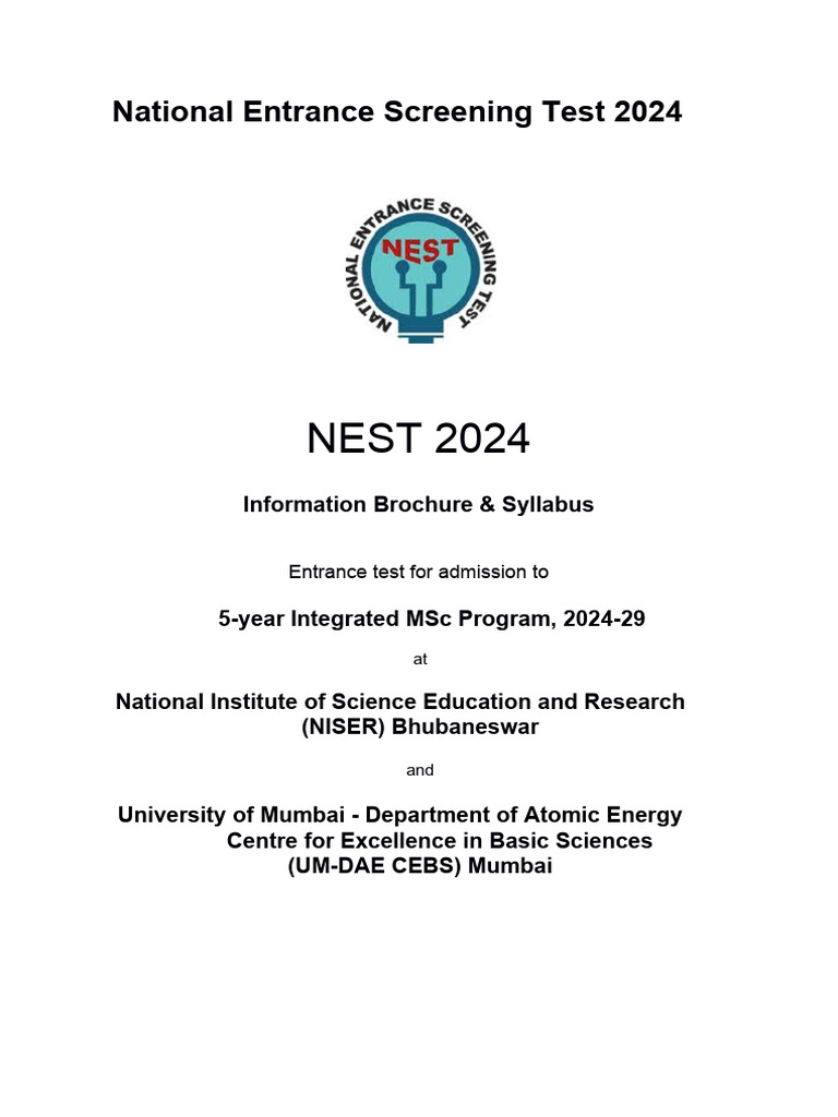 NEST 2024: National Entrance Screening Test 2024 | PDF
