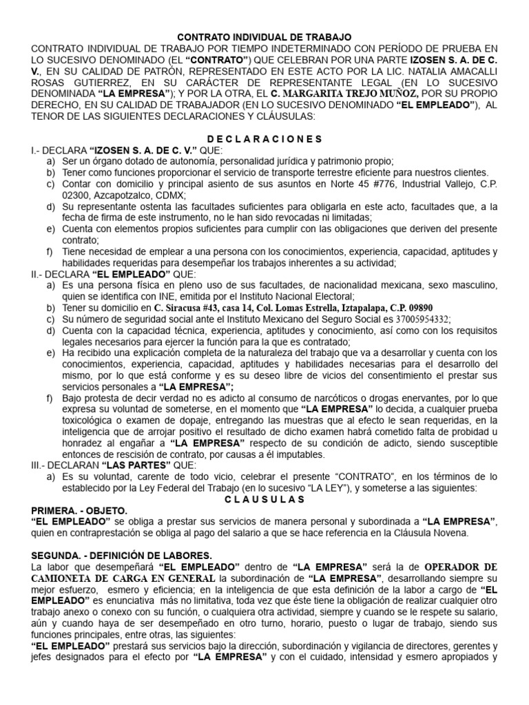 Machote contrato-3 | PDF | Salario | Business
