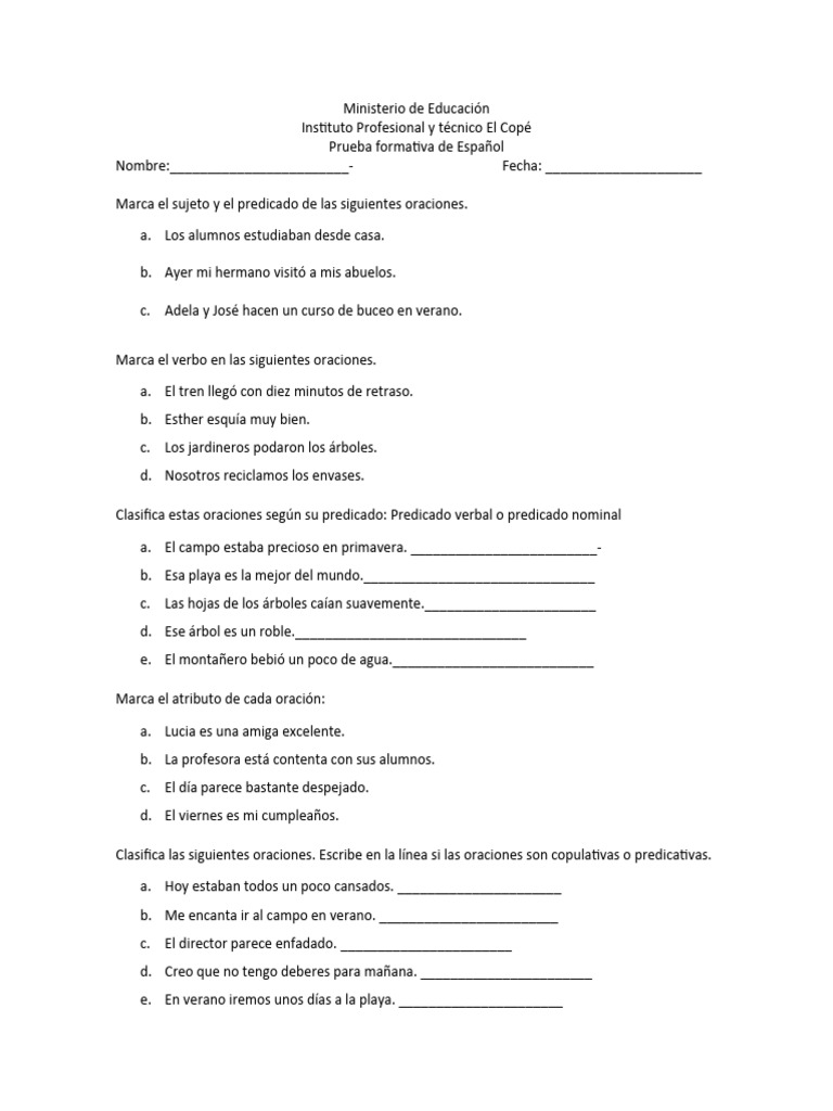 Evaluación Formativa de Español Sujeto y Predicado | PDF