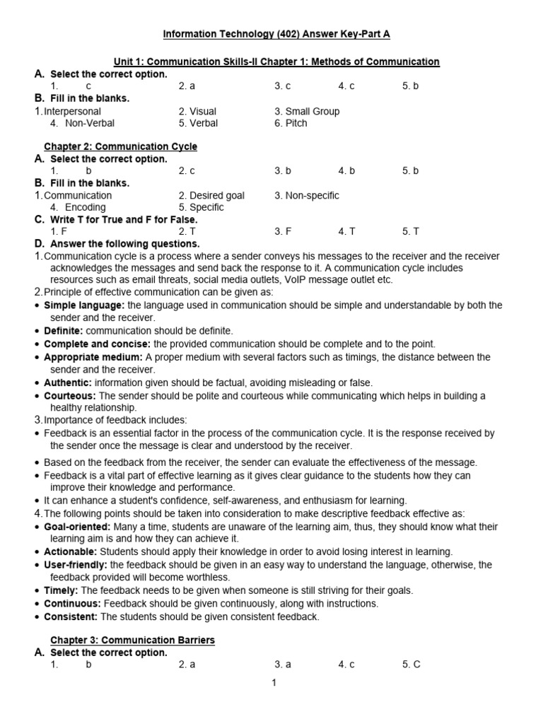 Communication Skills Answer Key Guide | PDF | Communication ...