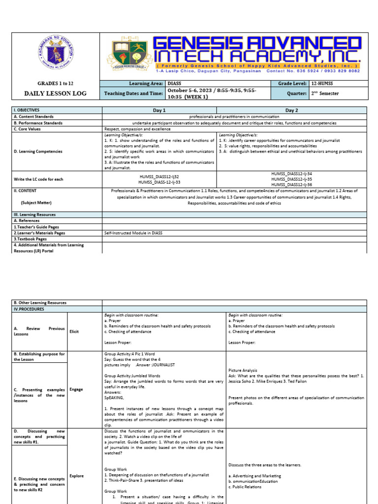 Diass - DLL Q2 Week 1 | PDF | Learning | Teachers