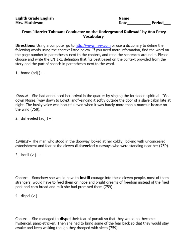 Eighth Grade Vocabulary from Harriet Tubman | PDF | Young Adult | Classics