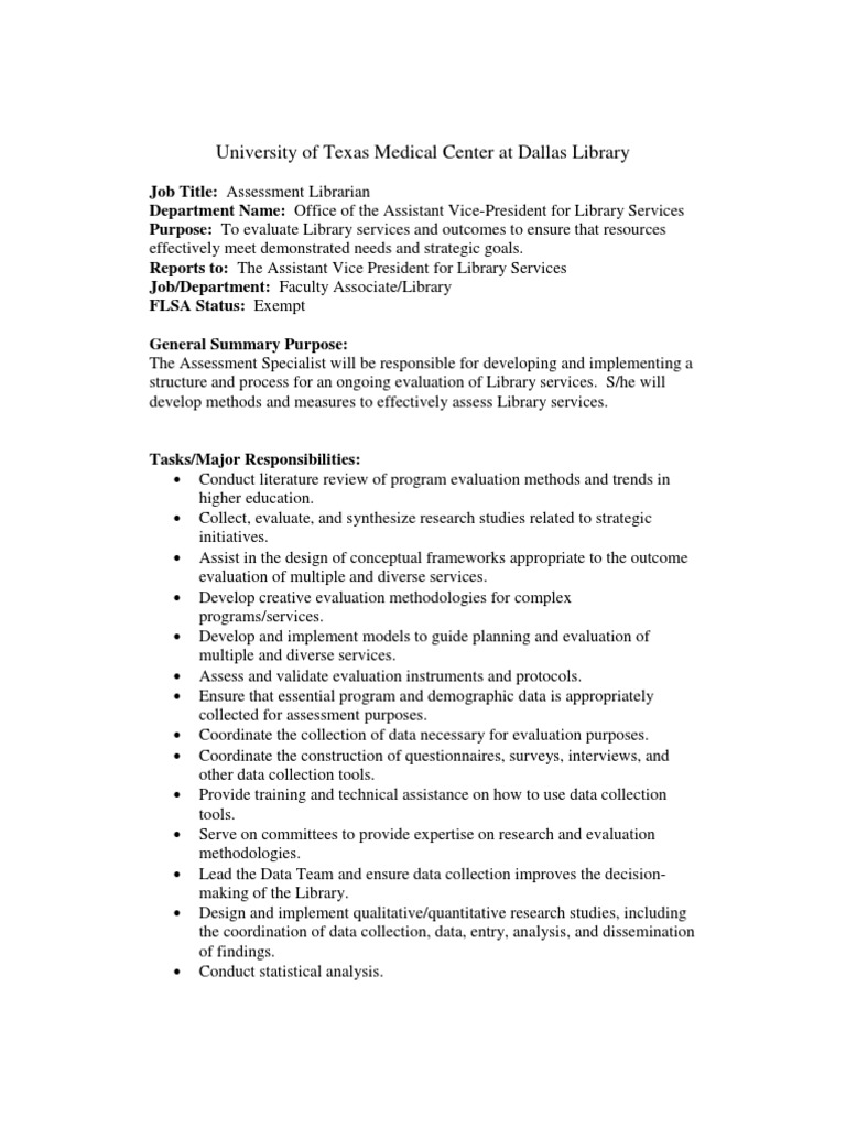 Assessment Librarian Job Description | PDF | Program Evaluation ...