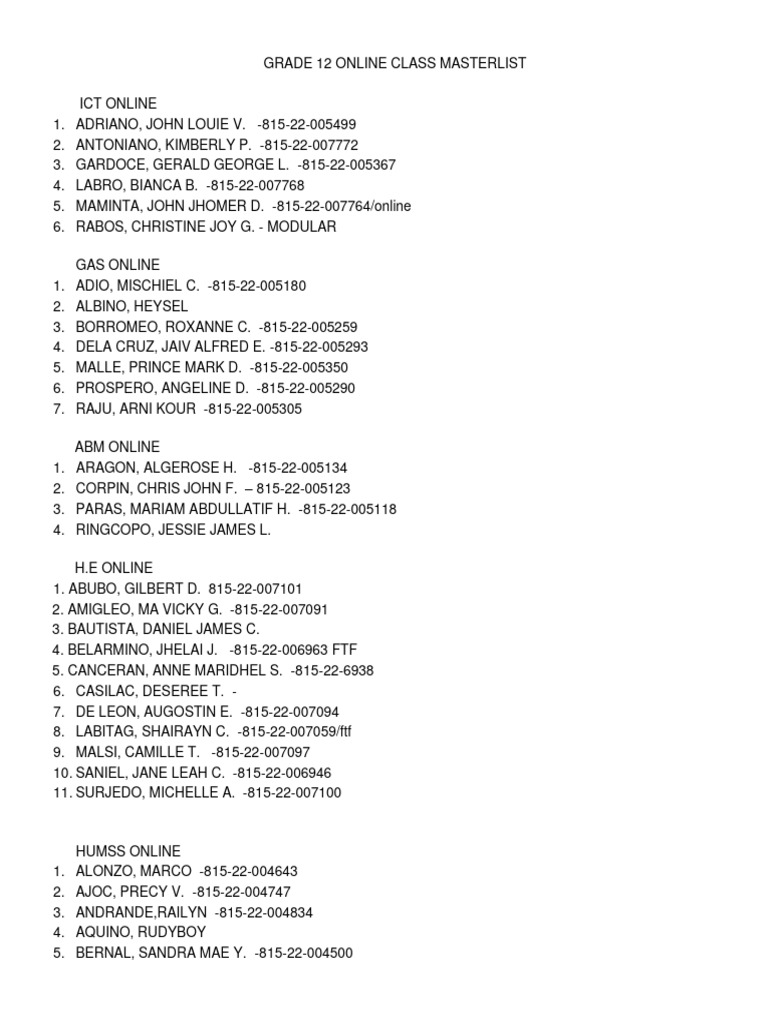 Final Grade 12 Online Class Masterlist | PDF