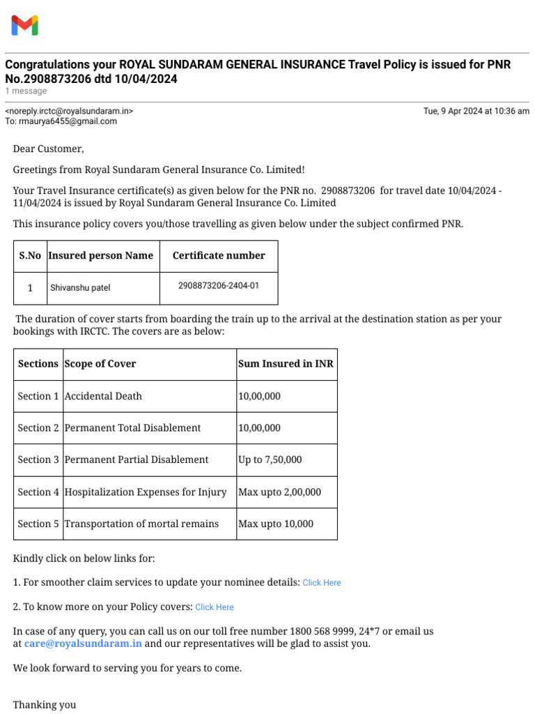 Gmail - Congratulations Your ROYAL SUNDARAM GENERAL INSURANCE Travel Policy Is Issued For PNR No ...