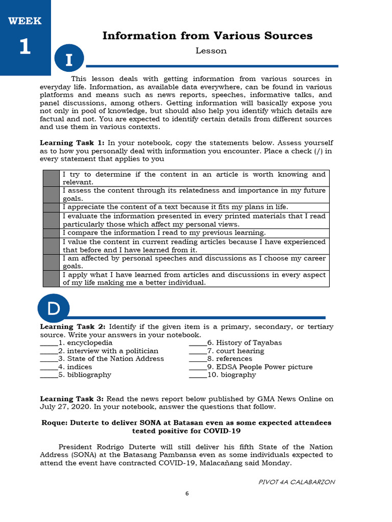 ENG10 Q1 Lesson 1 | PDF | Information | Primary Sources