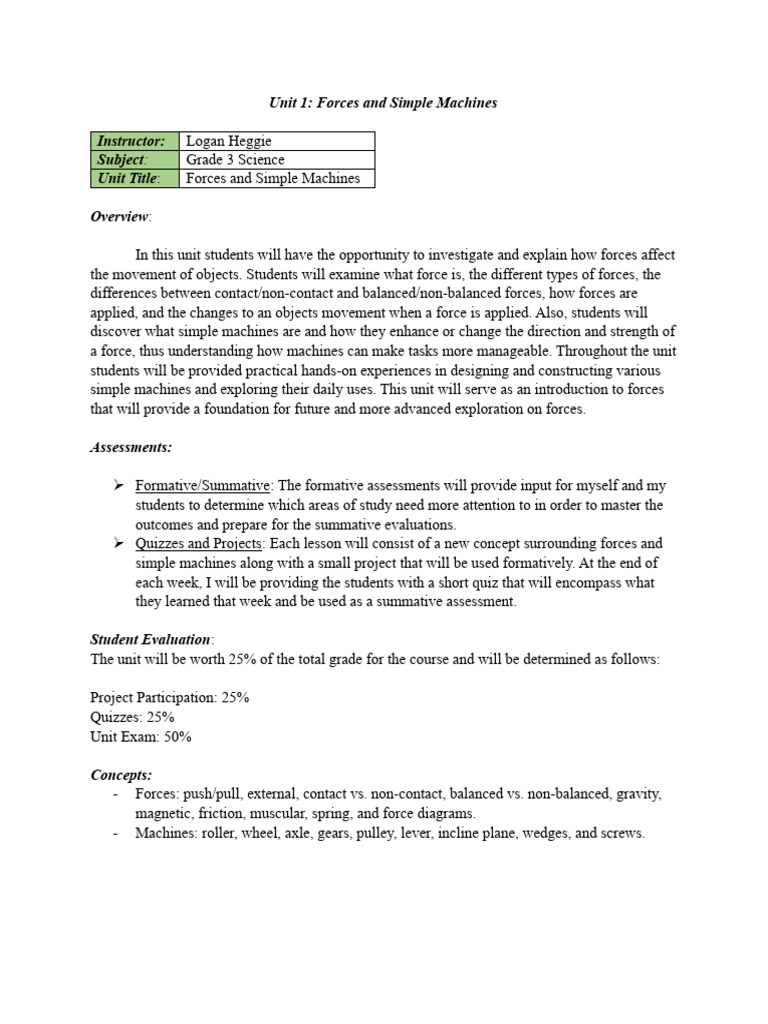 Forces and Simple Machines - Unit Plan | PDF | Force | Friction
