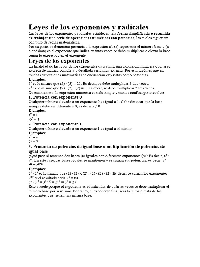 Leyes de Los Exponentes y Radicales | Descargar gratis PDF ...